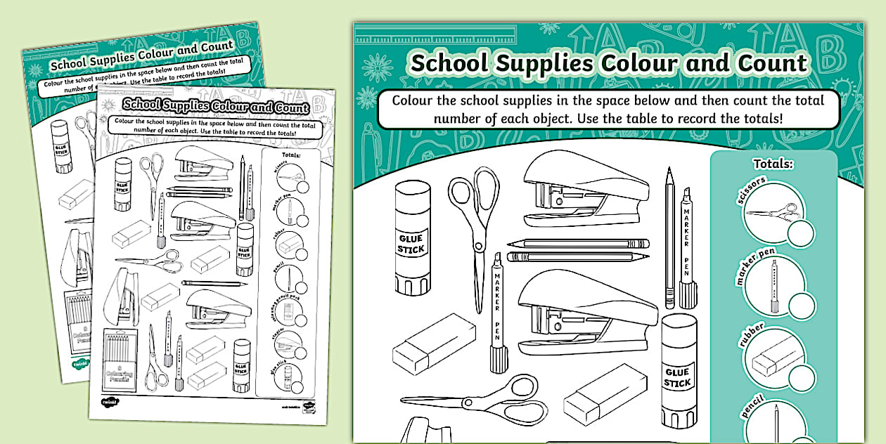 School Supplies Colour and Count Worksheet - Twinkl