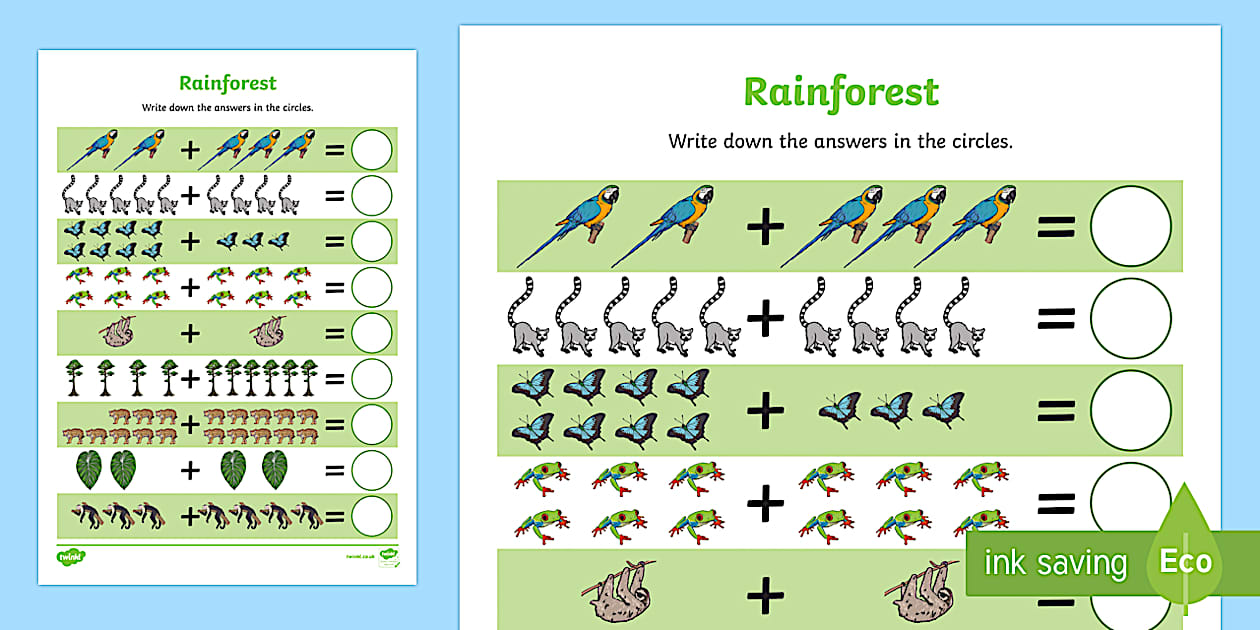 Rainforest Themed Up to 20 Addition Sheet (teacher made)