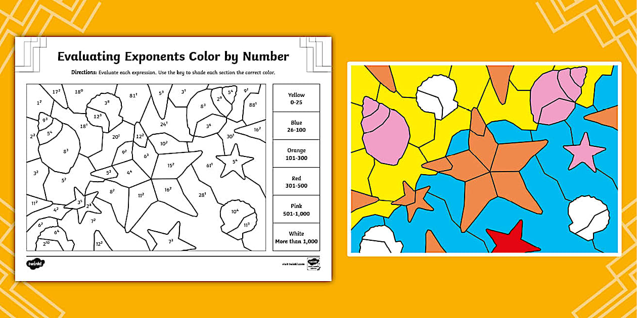 Sixth Grade Evaluating Exponents Color by Number Sea Worksheet