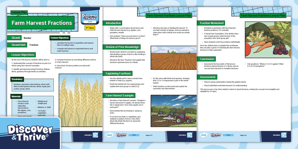 Farm Fractions Lesson Plan Third Class (teacher made)