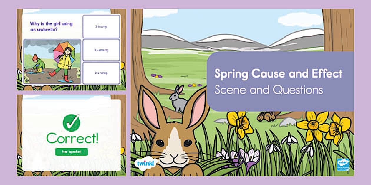 Spring Cause and Effect Scene and Question PowerPoint for K-2nd Grade