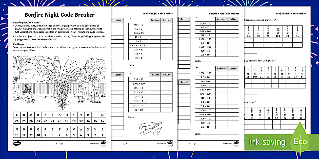 Bonfire Night Code Breakers Worksheet (teacher made)