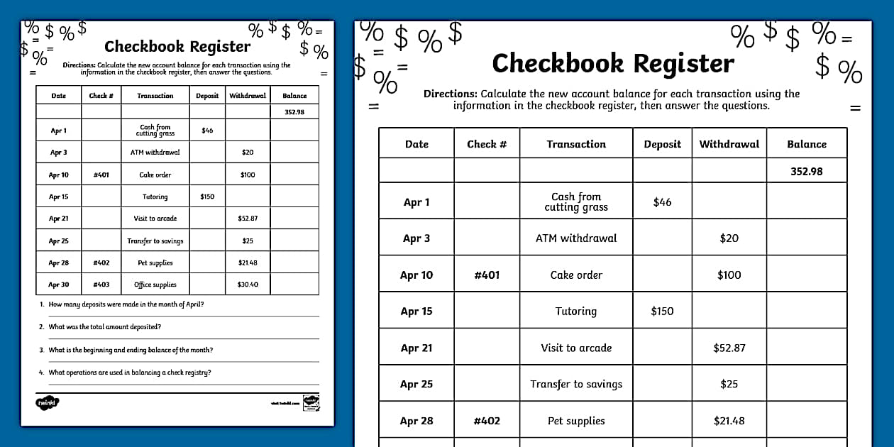 Seventh Grade Checkbook Register Worksheet (Teacher-Made)