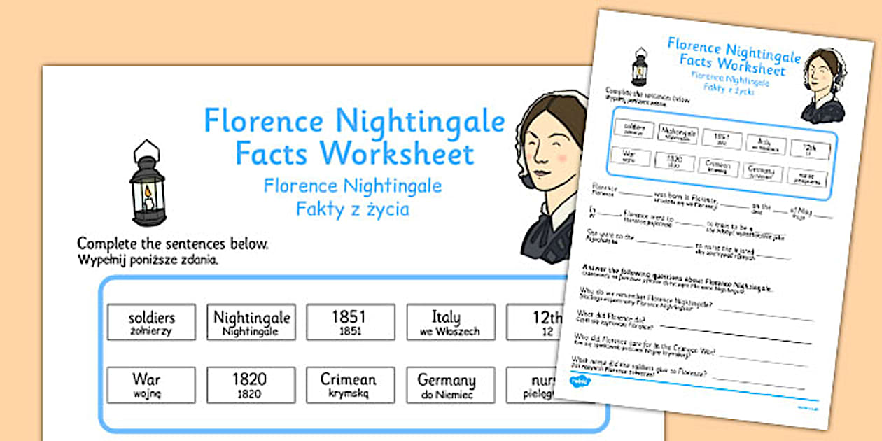 Black and White Florence Nightingale Fact Worksheets Polish Translation