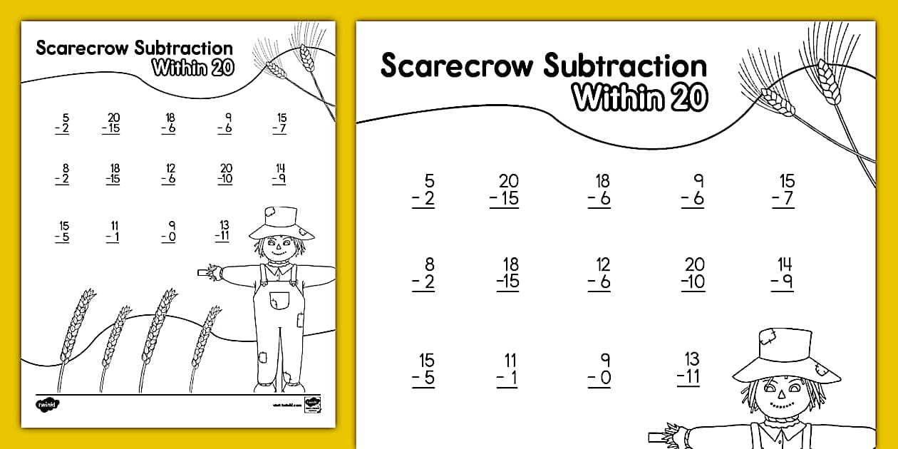 Scarecrow Subtraction Within 20 Worksheet - Twinkl