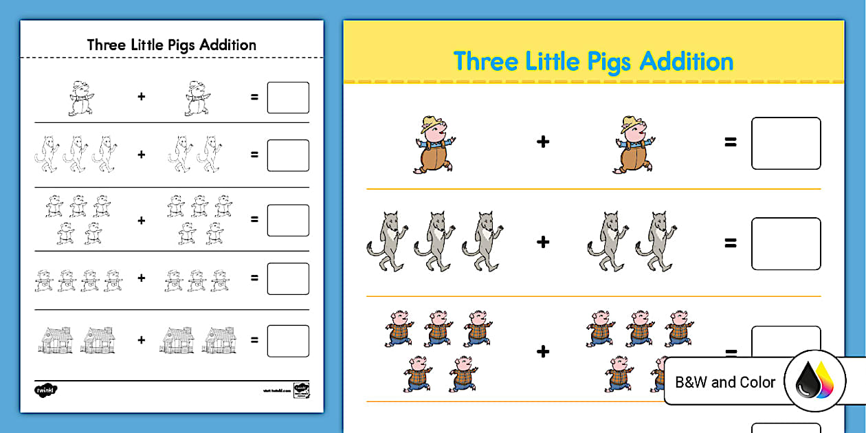 Kindergarten Three Little Pigs Addition to 10 Worksheet