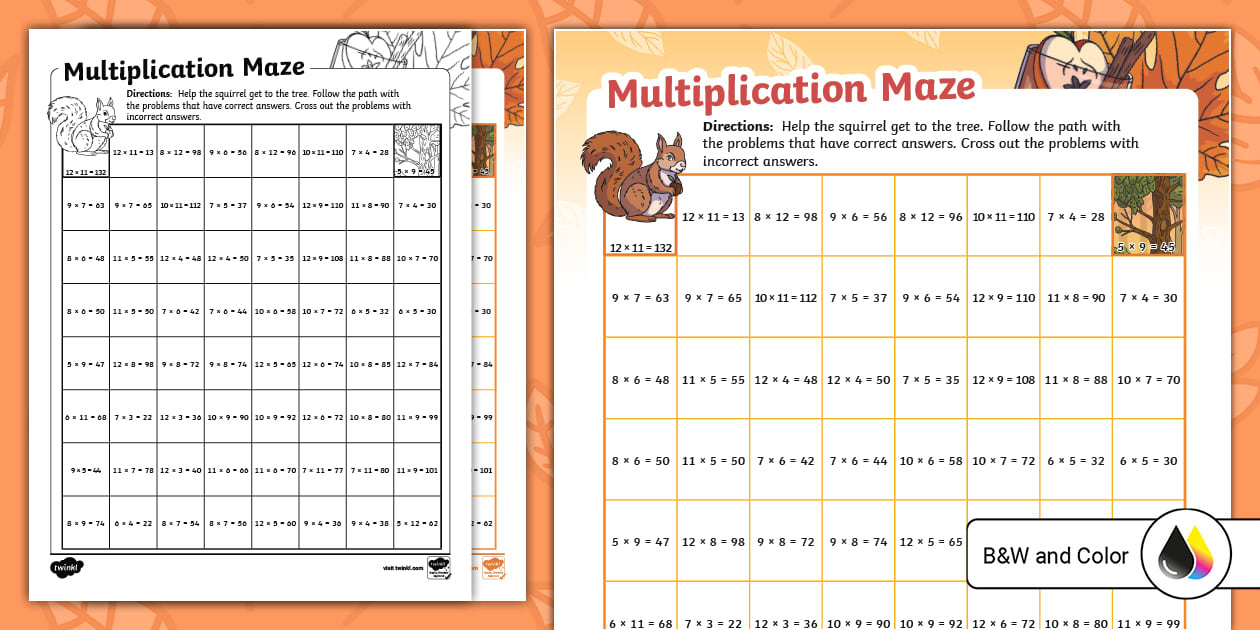 Fall Multiplication Math Facts Maze for 3rd-5th Grade