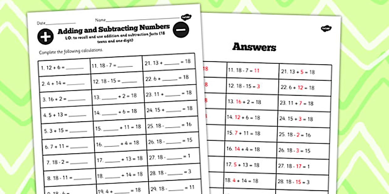 Number Facts to 18 Worksheet Teens Add One Digit - Twinkl