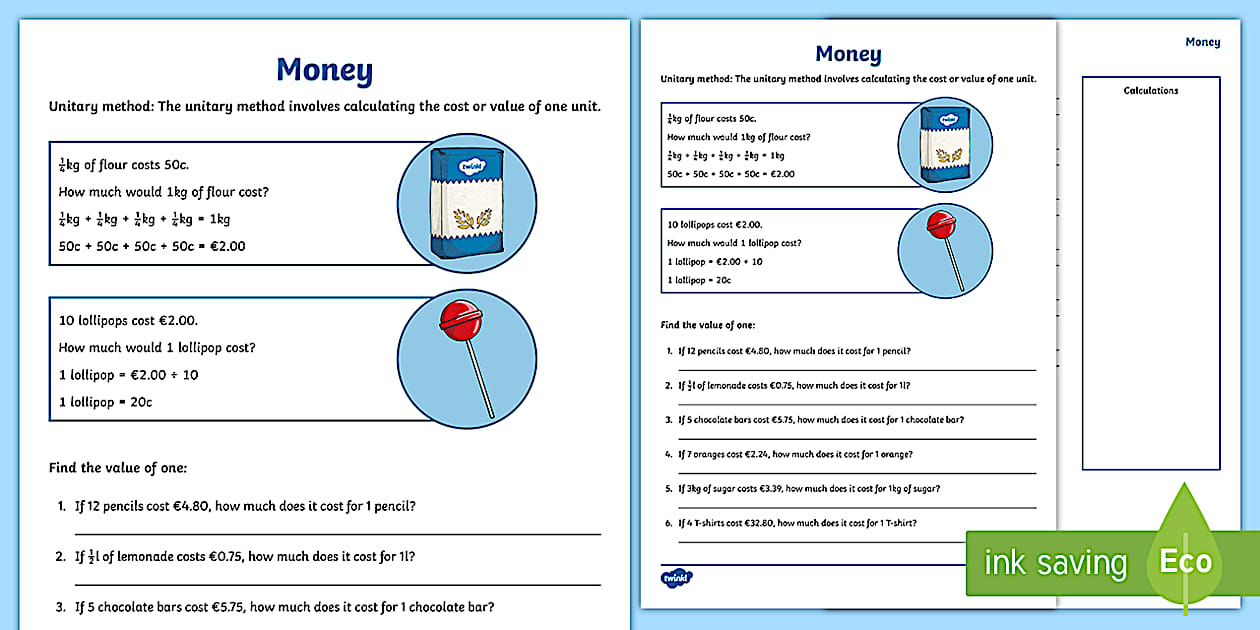 Black and White Money (Unitary Method) Worksheets - Twinkl