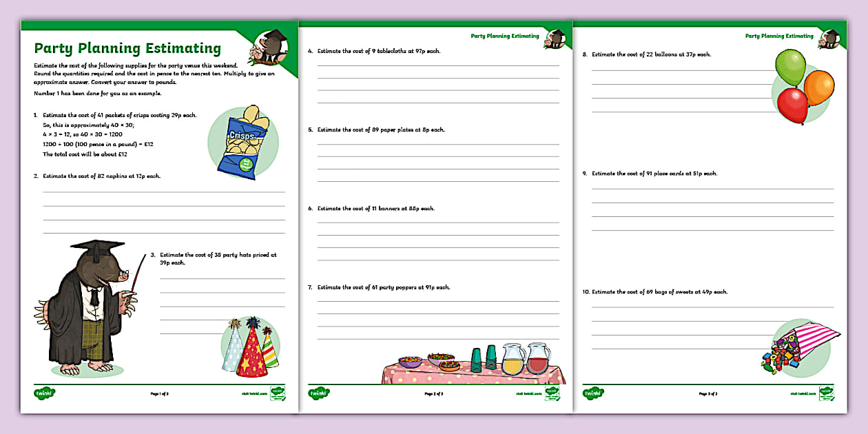 Party Planning Estimating Activity Sheets (Teacher-Made)