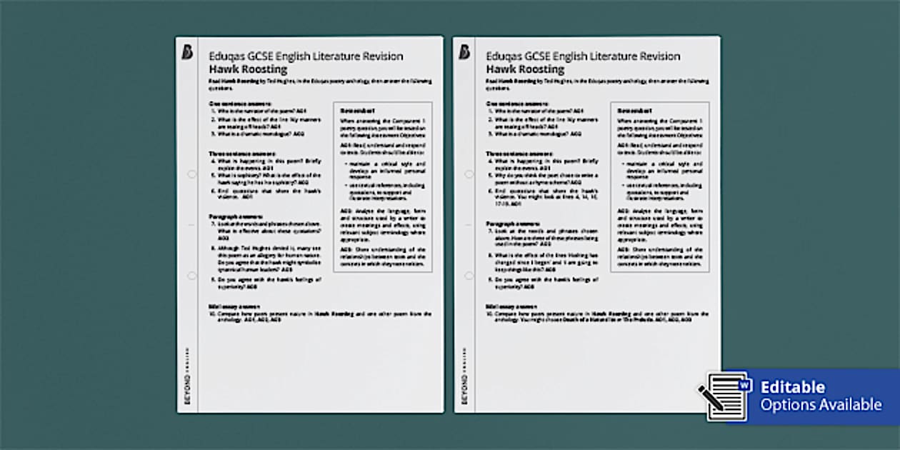 Hawk Roosting Questions Eduqas Poetry Revision | GCSE