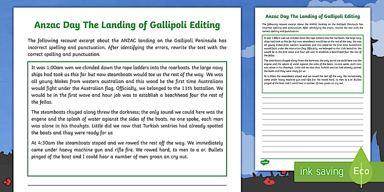 Anzac Day Editing The Gallipoli Landing Worksheet - Twinkl