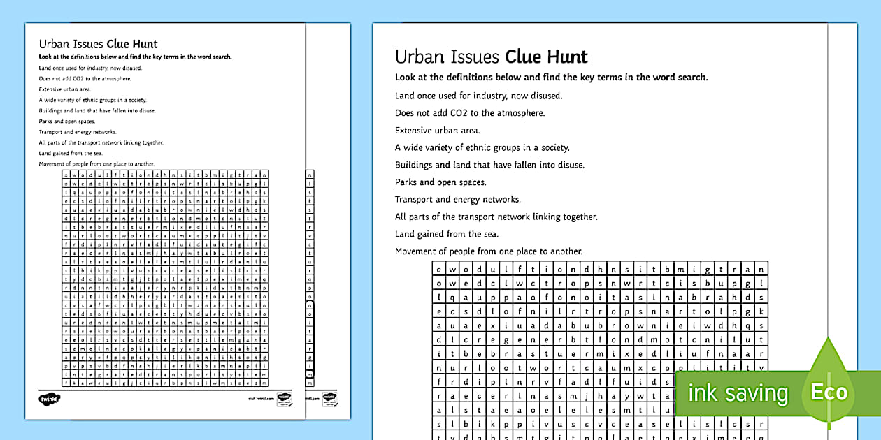 Urban Issues Clue Hunt 1 Worksheet / Worksheet - Twinkl