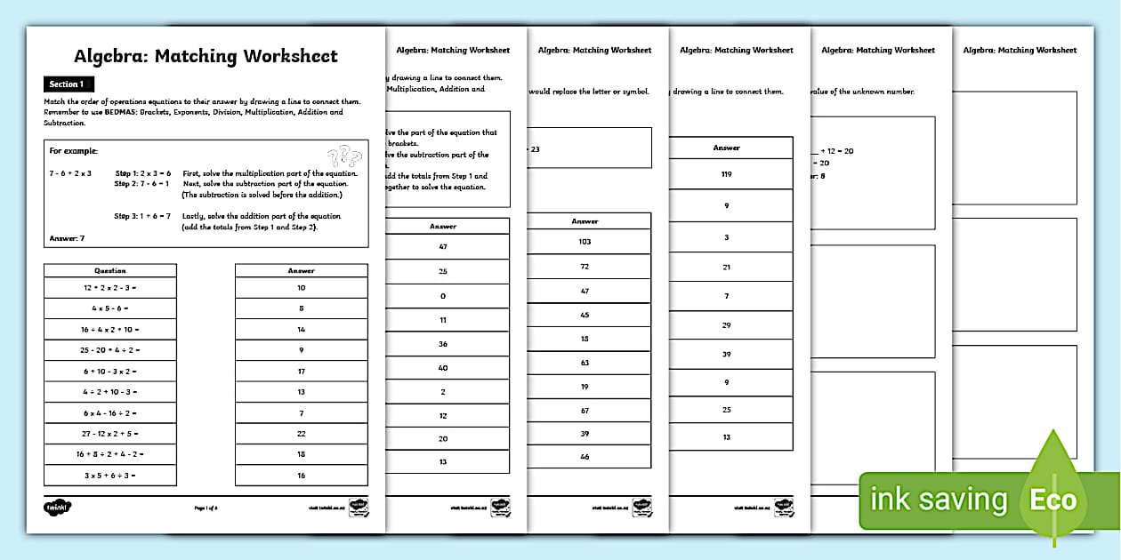 Algebra: Matching Equations with Answers Worksheet - Twinkl