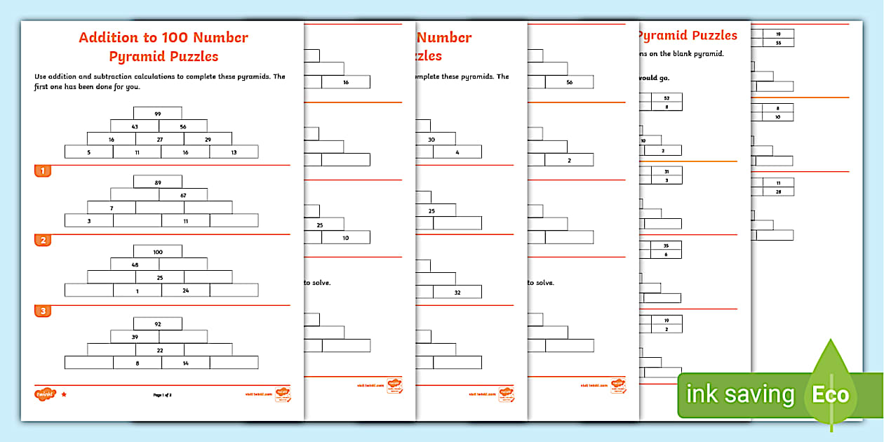 👉 Addition to 100 Number Pyramid Puzzle Game - Maths -Twinkl