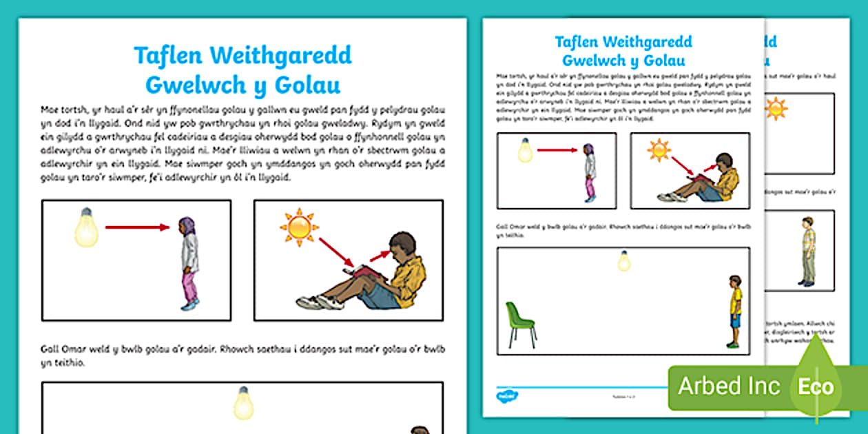Taflen Weithgaredd Gwelwch y Golau (l'enseignant a fait)