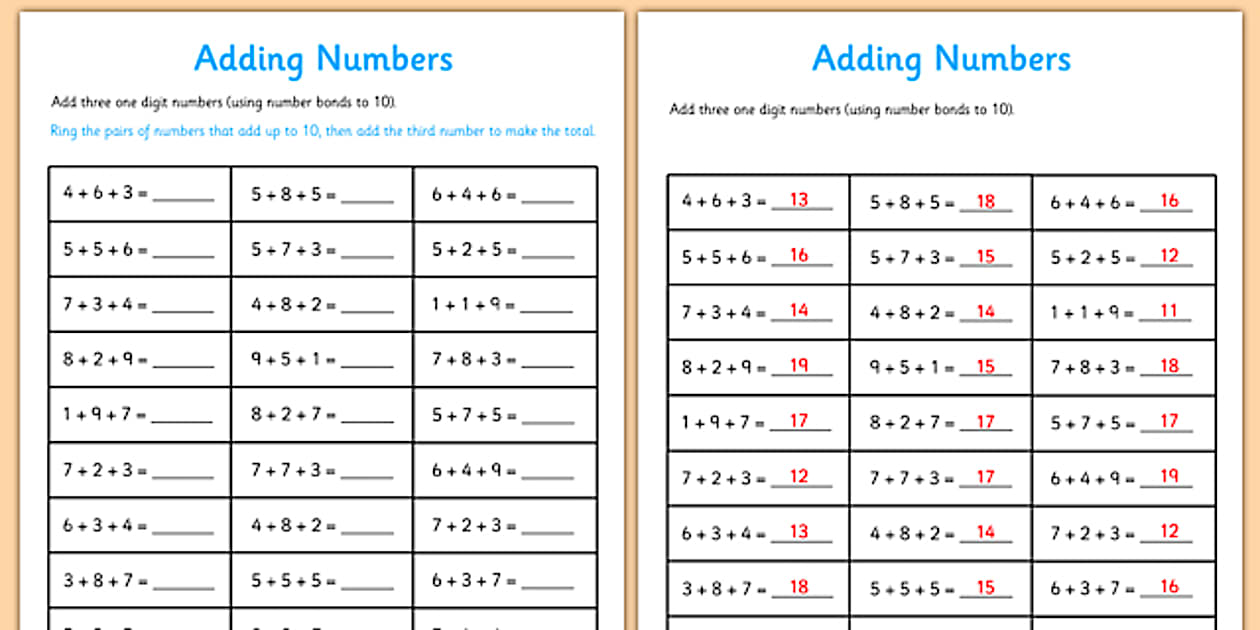Adding Three One Digit Numbers Lesson 1 Number Facts to 10 Sheet
