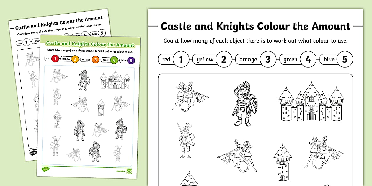 👉 Castle and Knights Colour the Amount Worksheet - Twinkl