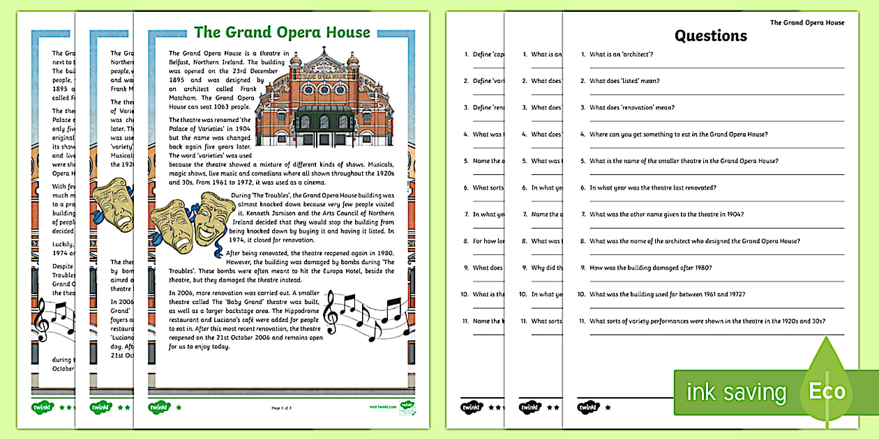 The Grand Opera House in Belfast Differentiated Reading Comprehension ...