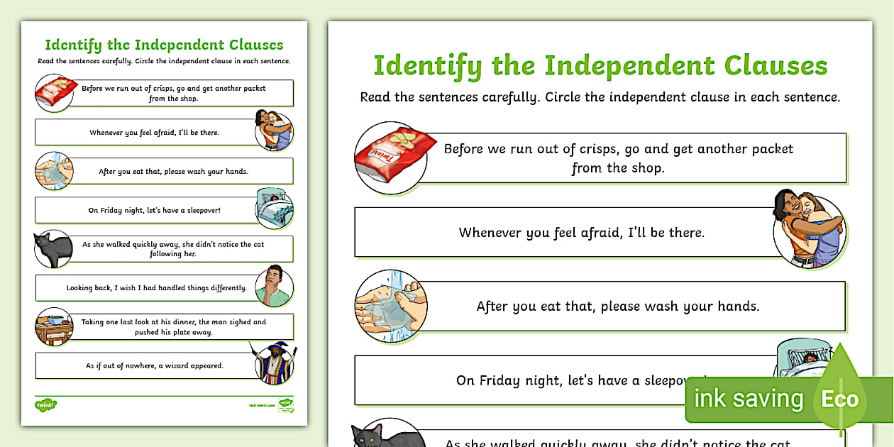Identify the Independent Clauses Worksheet - Twinkl