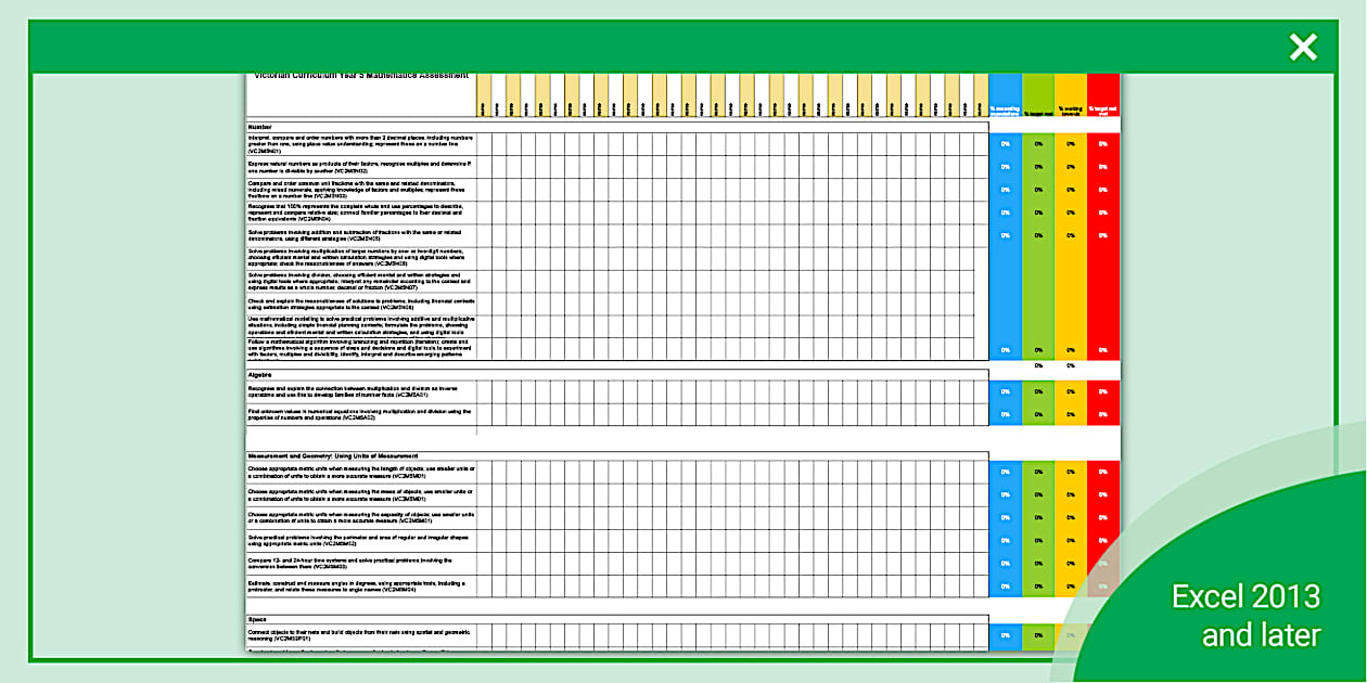 Victorian Curriculum Y5 Mathematics Assessment Spreadsheet