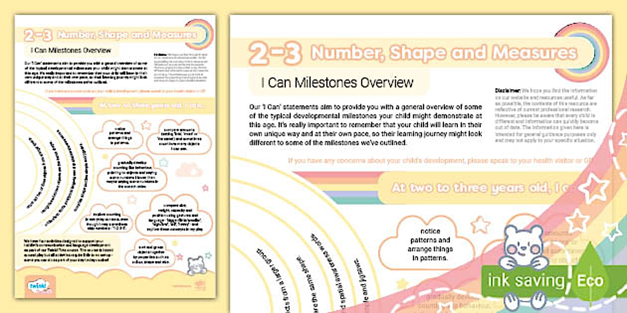 👉 2-3 Years Number Shape Measures I Can Milestones