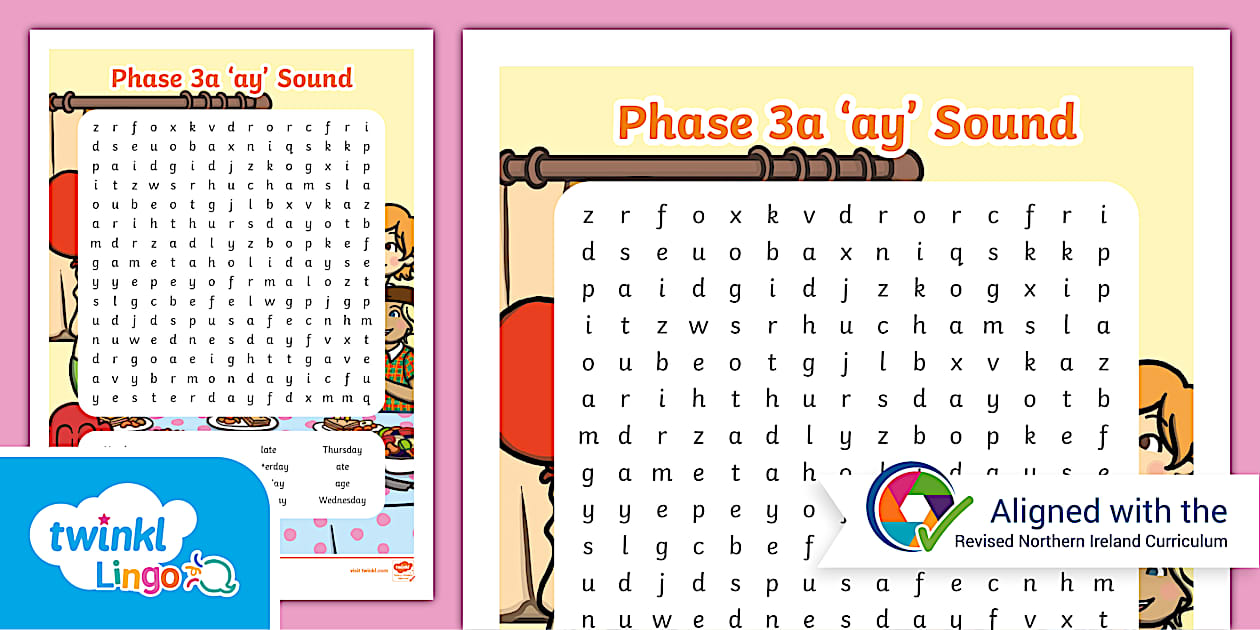 NI Linguistic Phonics Phase 3a ‘ay’ Word Search - Twinkl