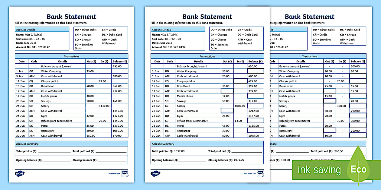Bank Statement Information and Activities (teacher made)