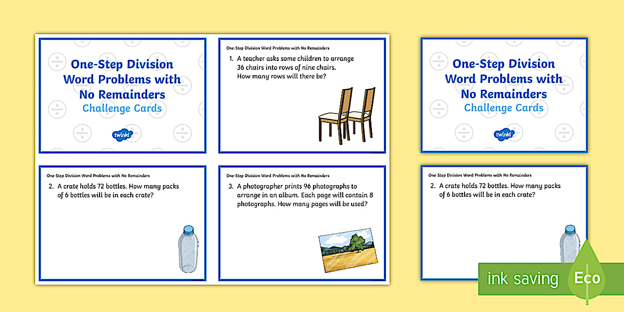 One-Step Division Word Problems with No Remainders Challenge Cards