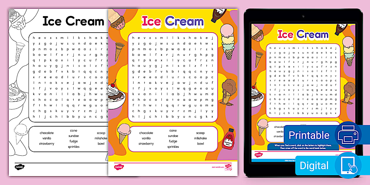 Ice Cream Word Search for K-2nd Grade | Twinkl USA - Twinkl