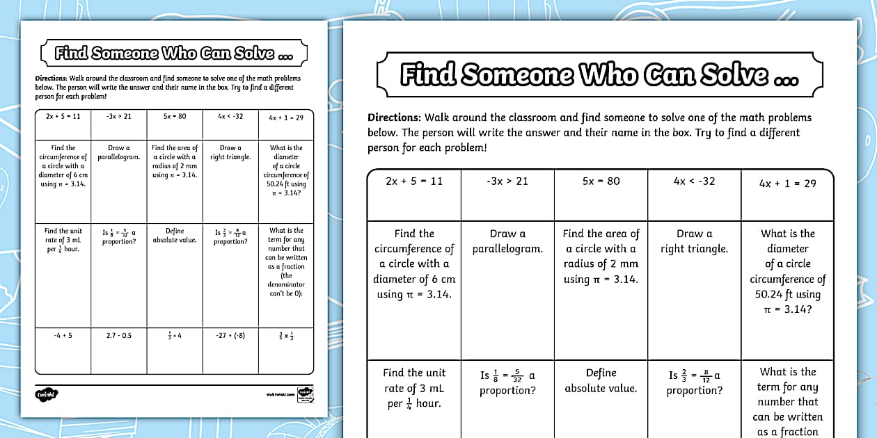 Seventh Grade Back to School Find Someone Who Math Activity Worksheet