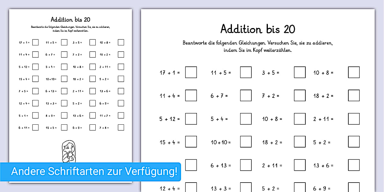 Addition bis 20 - Arbeitsblatt (Teacher-Made) - Twinkl