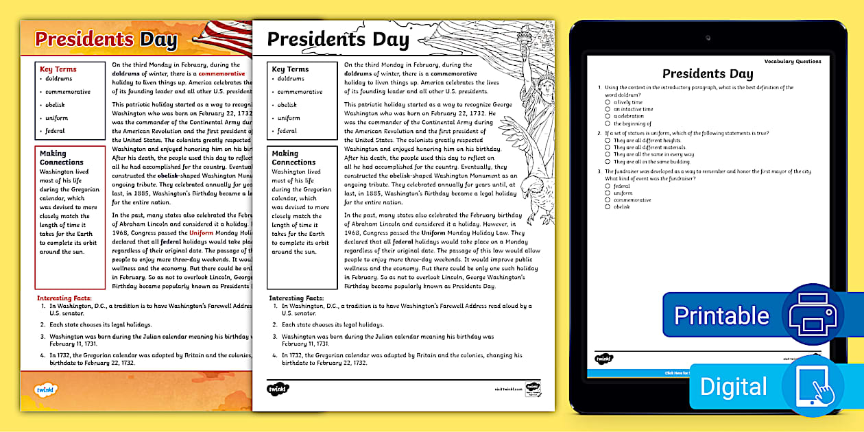 6th Grade Presidents Day Fact File | Vocabulary | Twinkl