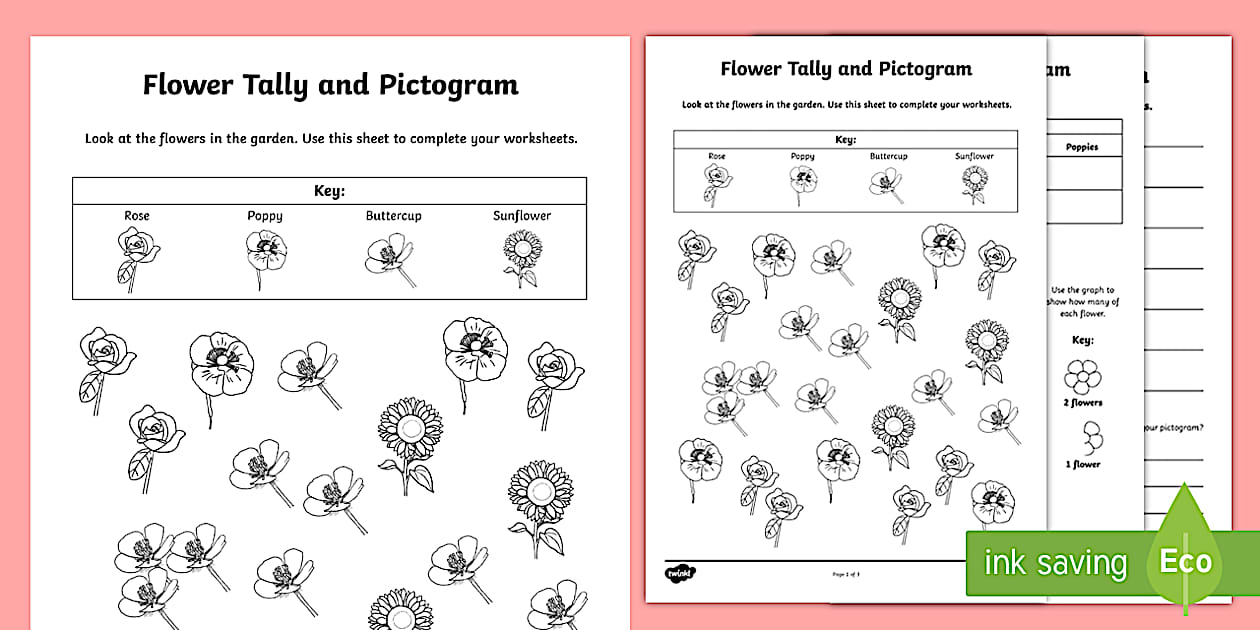 Flowers Tally and Pictogram Worksheets (teacher made)