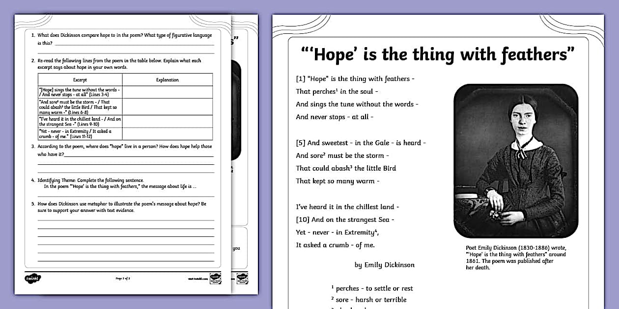 Hope is a Thing With Feathers Analysis Worksheet | Twinkl USA