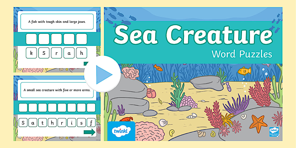 Sea Creatures Word Puzzles PowerPoint - Twinkl