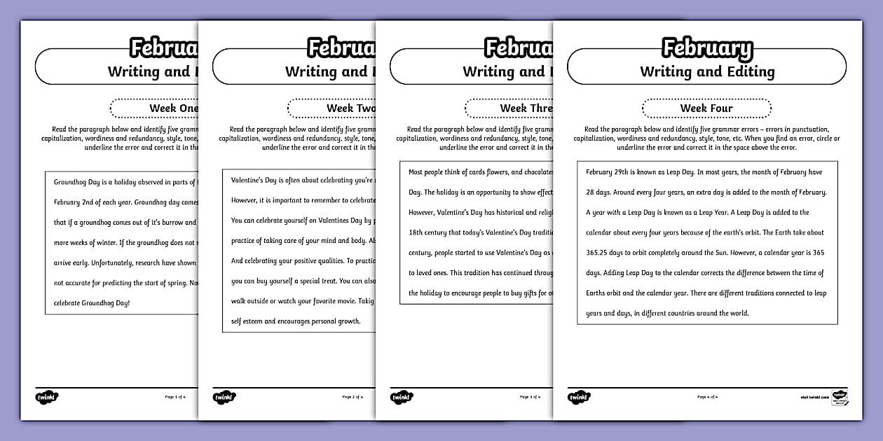 Sixth Grade February Paragraph of the Week Editing Practice