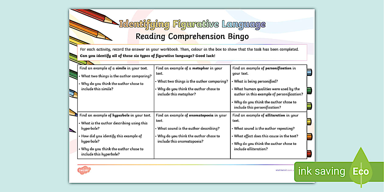 Identifying Figurative Language Reading Comprehension Bingo