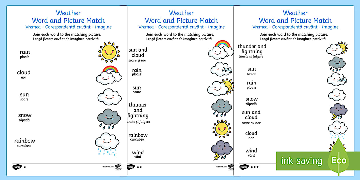 Weather Word and Picture Matching Worksheet / Worksheet English/Romanian