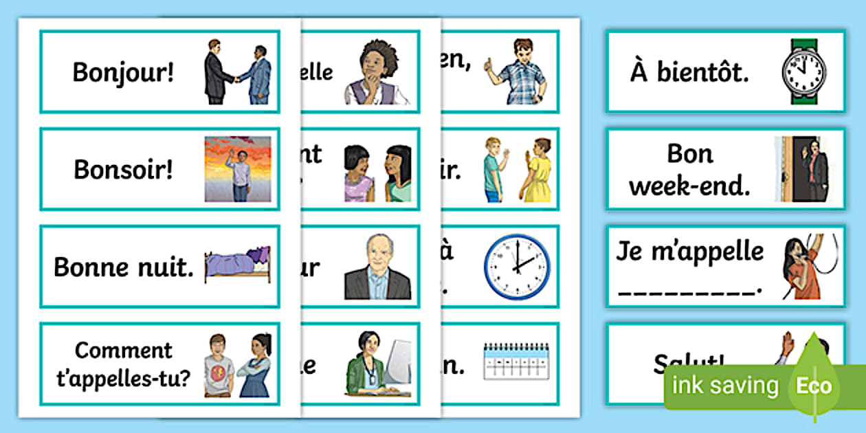 Precursive French Greetings Flashcards (teacher made)