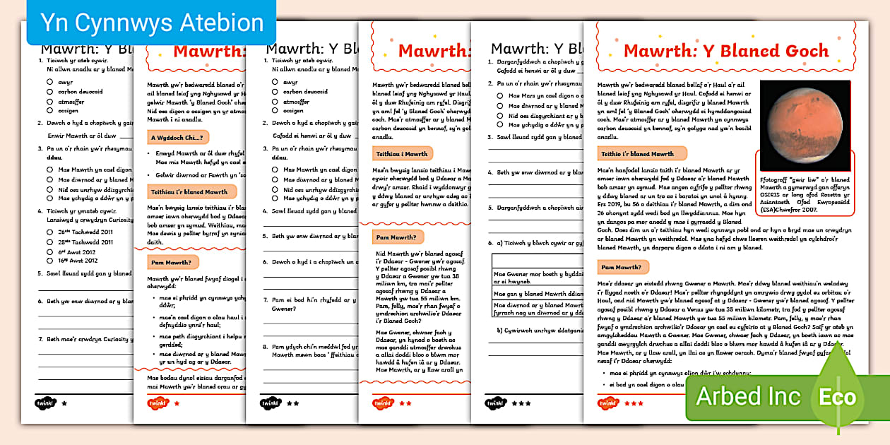 Gweithgaredd Darllen a Deall Mawrth - Y Blaned Goch - Twinkl