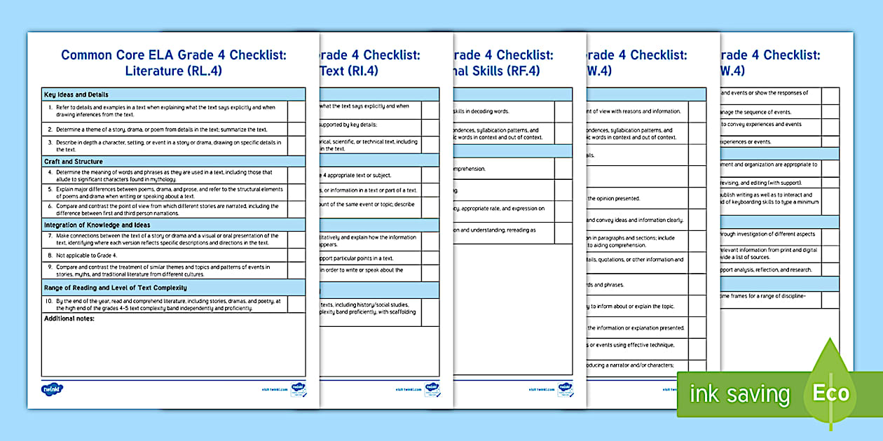 Fourth Grade Common Core ELA Standards Teacher Checklist
