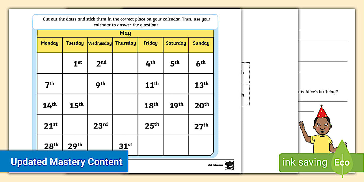 Calendar Missing Ordinal Number Activity Sheets - Twinkl