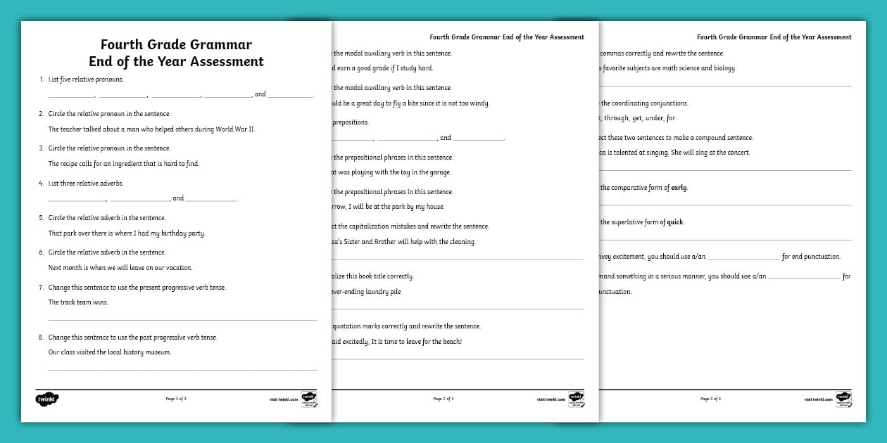 Fourth Grade End of the Year ELA Grammar Assessment - Twinkl