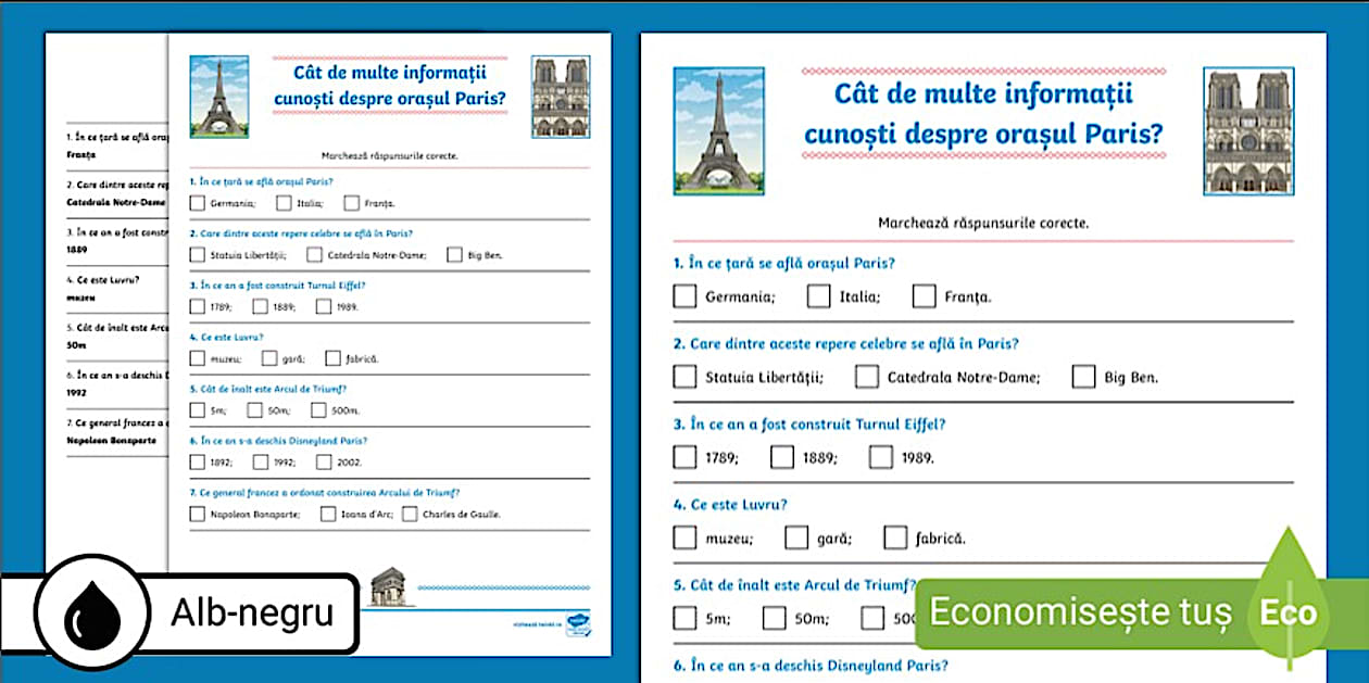 Orașul Paris – Fișă cu întrebări (Teacher-Made)