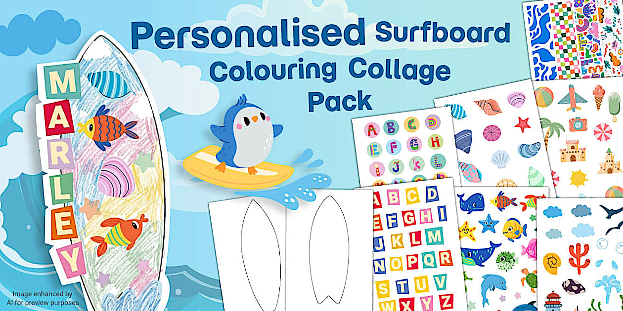 Personalised Surfboard Colouring Collage Pack