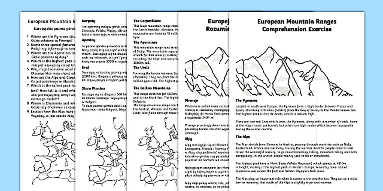 European Mountain Ranges Comprehension Activity English/Polish - European