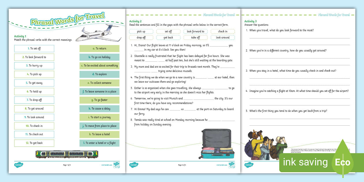 ESL Phrasal Verbs for Travel Worksheet (teacher made)