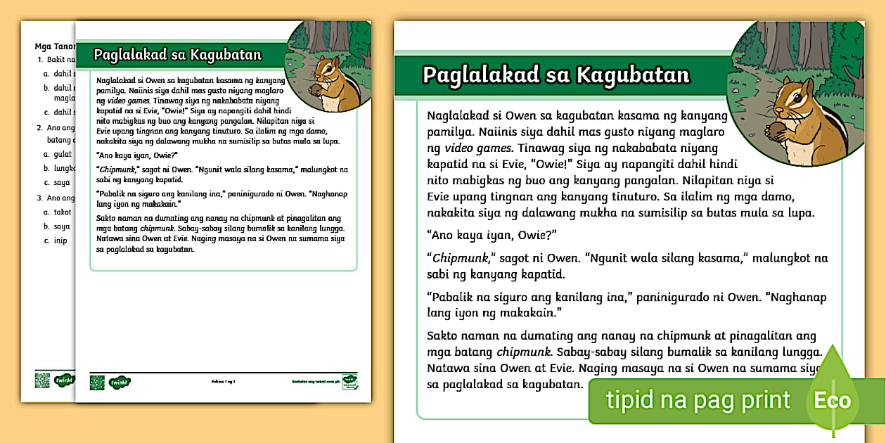 Pagbasa at Pag-unawa: Paglalakad sa Kagubatan | Twinkl