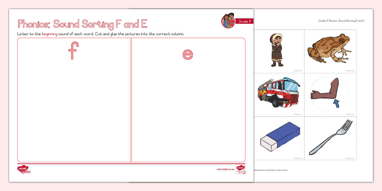 Grade R Phonics: Sound Sorting Cut-and-Paste Activity F and E